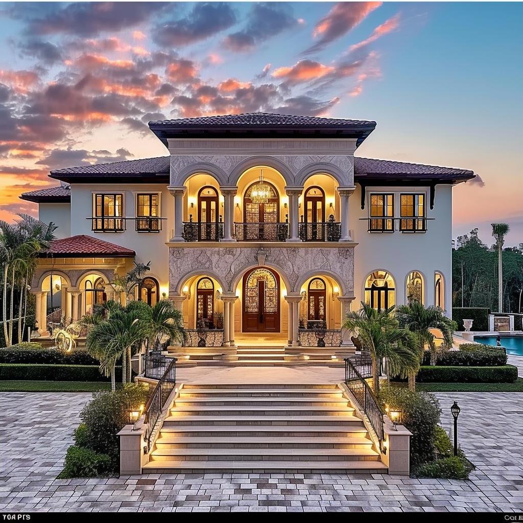 Mostra incrível de uma mansão luxuosa com vista para o mar na Flórida ...